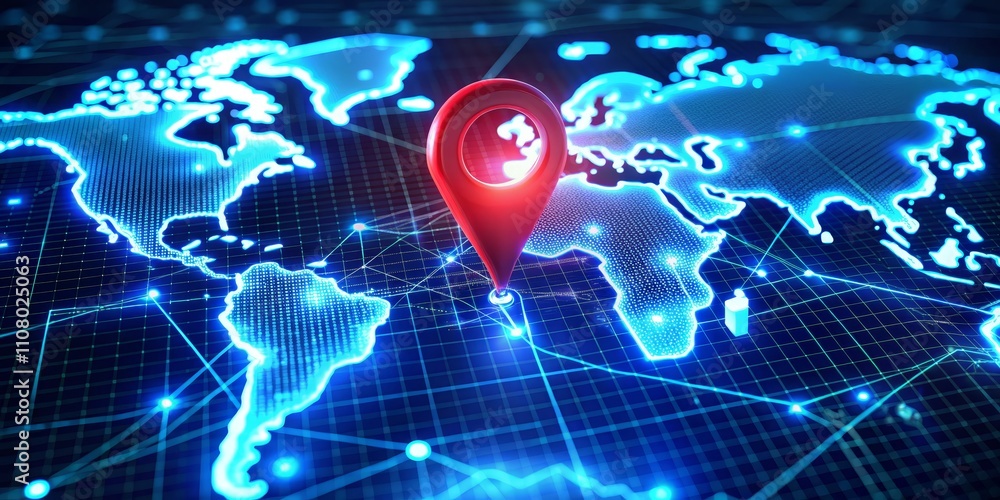 Global Network 3D Red Pin on Glowing Blue World Map, Global Positioning ...