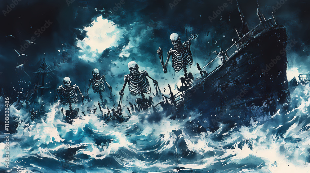 Eerie spectral pirates haunting a shipwreck, glowing bones amidst ...