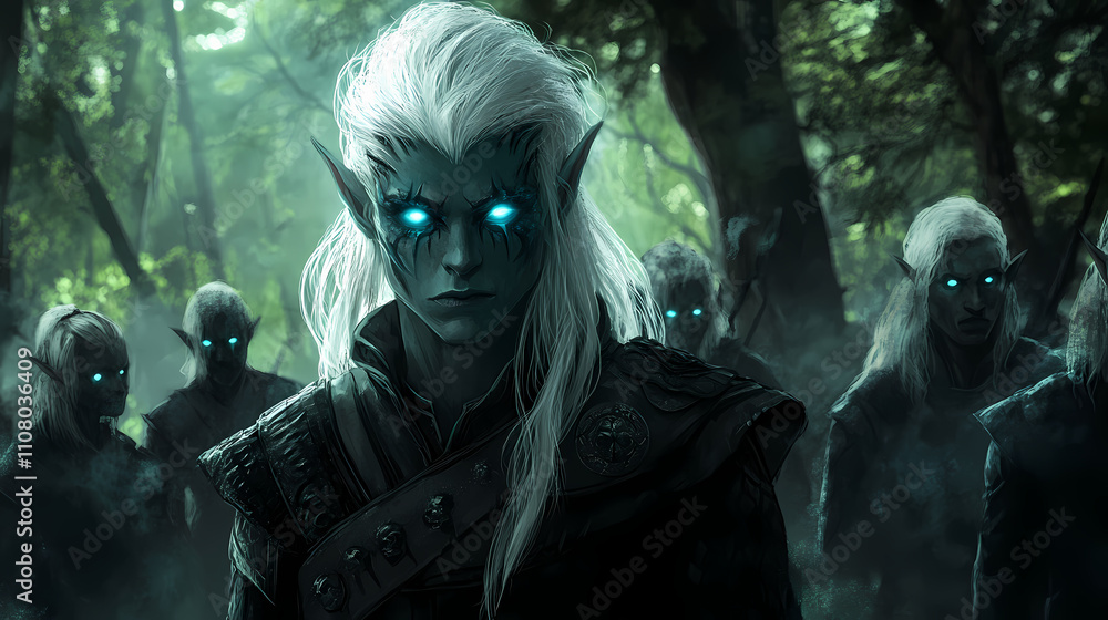 Commanding drow warrior with glowing blue eyes and silver hair leading ...