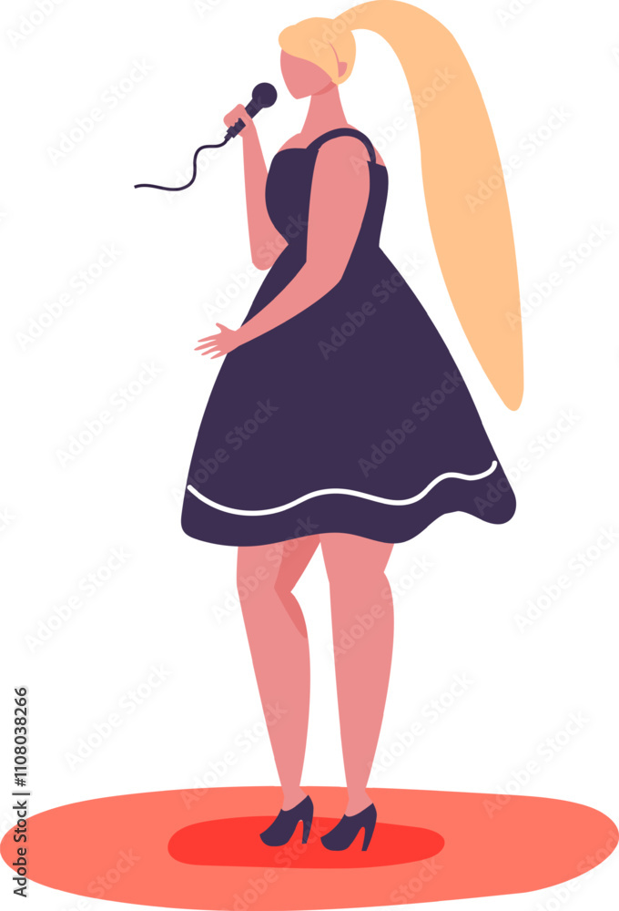 Confident female singer with long blond hair, wearing a stylish dress ...