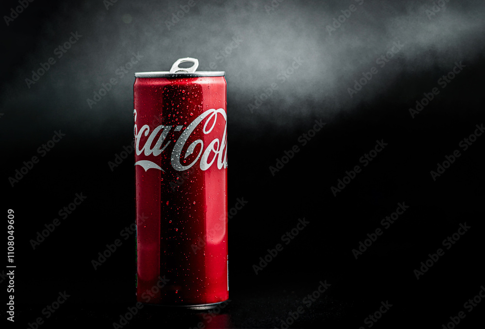 Cold drink Coca Cola original classic sugar canned drink, side angle ...