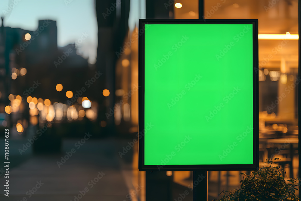 Illuminated blank green screen signboard outside a cafe, ready for ...