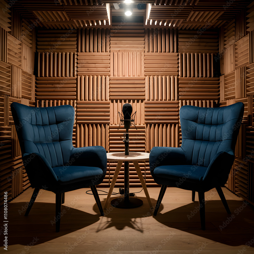 Recording studio with blue chairs, wooden walls, and microphone setup ...