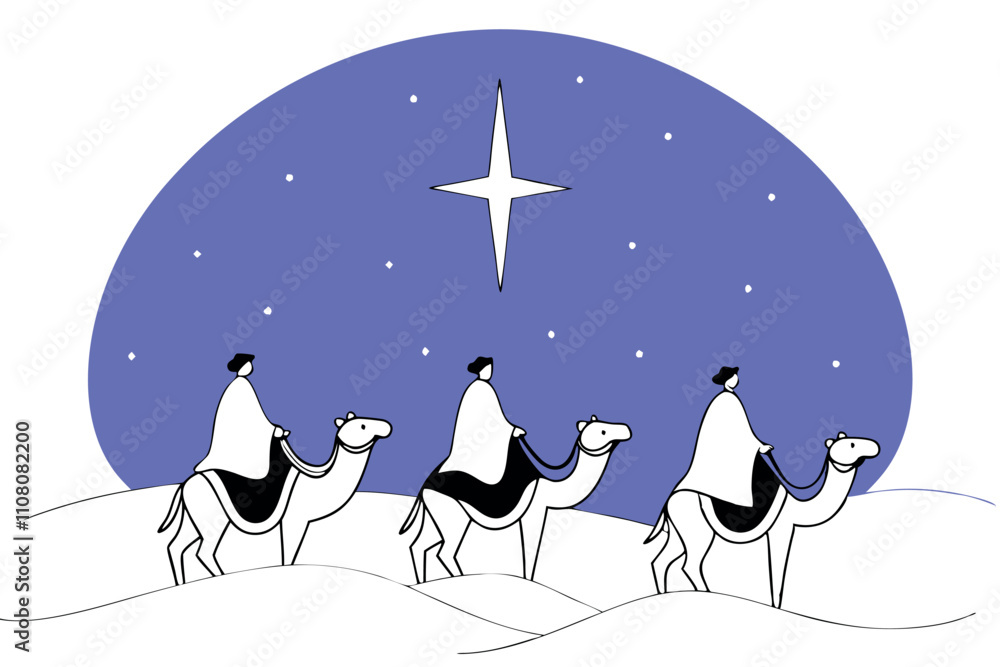 Reyes magos going to Bethlehem under the bright star in the night sky ...