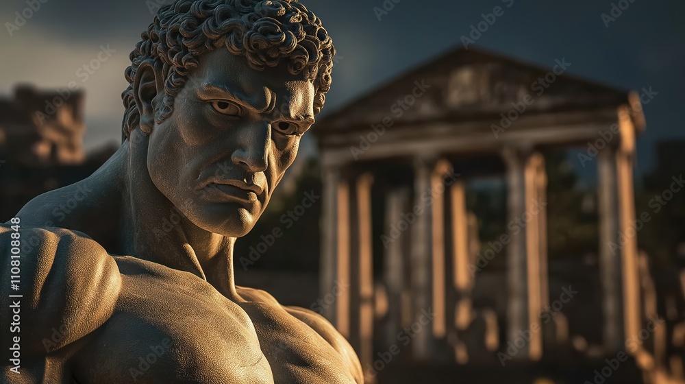 Muscular ancient statue gazes directly at camera. Powerful physique ...