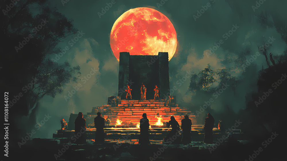 A haunting depiction of an aztec ritual under a blood moon, with ...