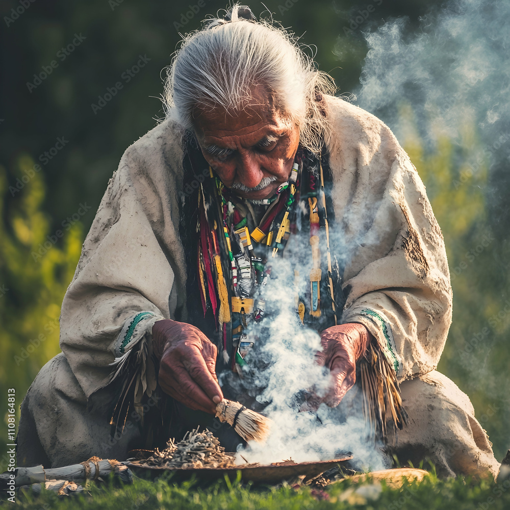 Native American elder performing a smudging ritual to cleanse a sacred ...