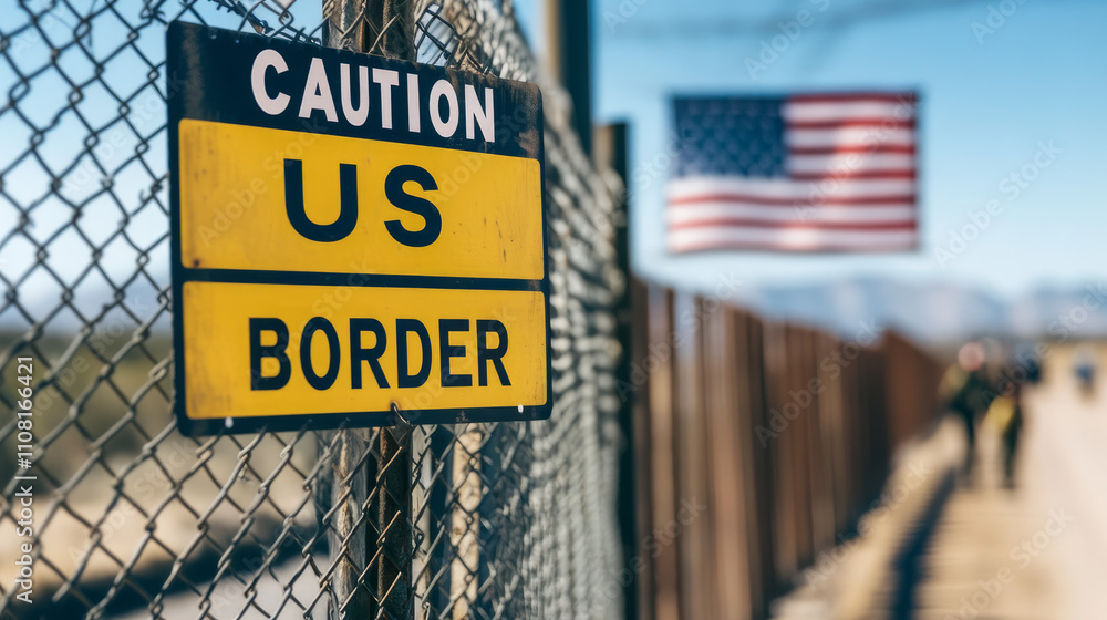 Sign of "Caution, US Border" on the US and Mexican border with a ...