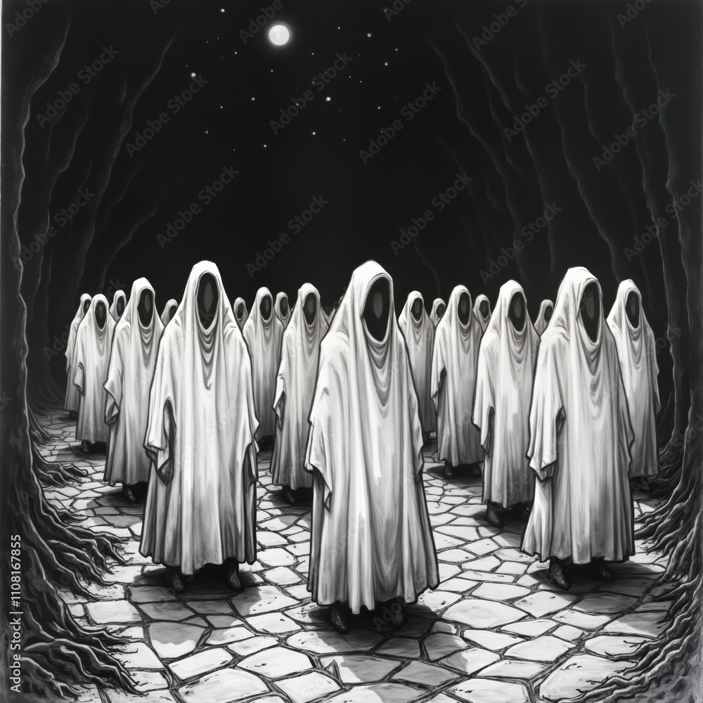 Faceless figures in white robes march in dark tunnel at night ...