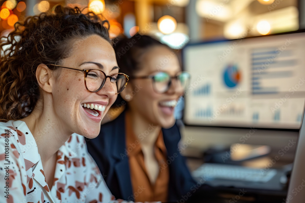 Two lovely ladies, one wearing glasses, happily collaborate on ... Two lovely ladies, one wearing glasses, happily collaborate on ...