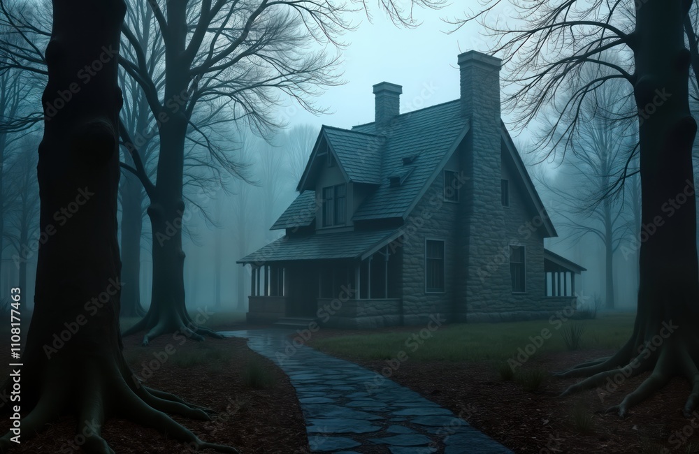 Eerie old cabin stands alone in foggy forest. Spooky atmosphere. Rural ...
