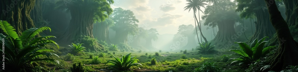 Dense prehistoric jungle landscape shows towering megaflora giant ferns ...