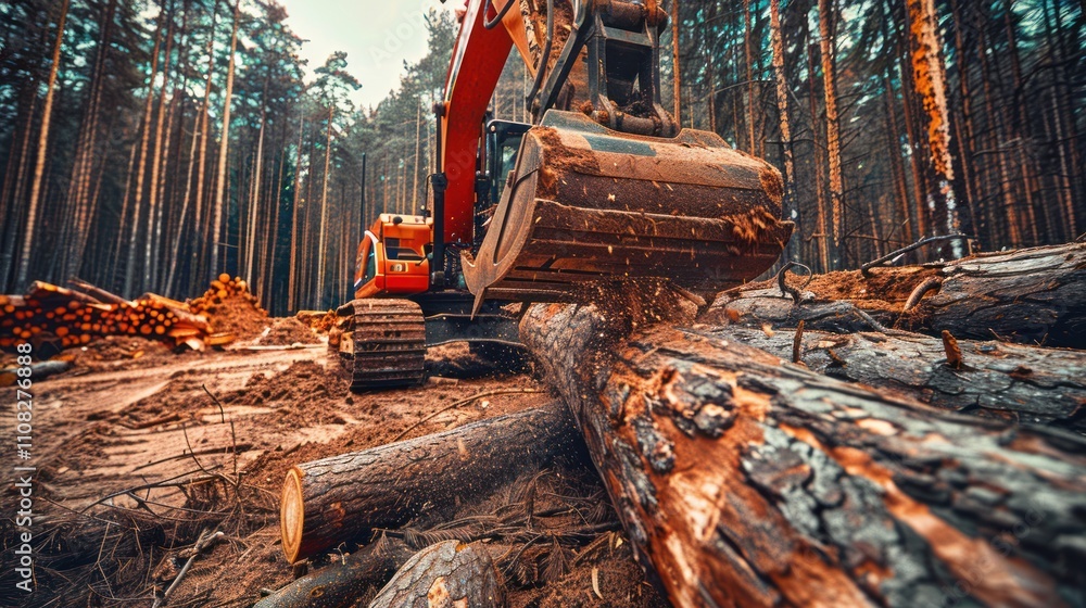 A heavy-duty forestry machine gripping a freshly cut log, surrounded by ...