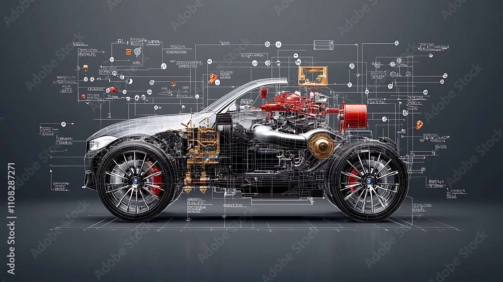 Exploded view of a car engine with labeled mechanical parts, rendered ...