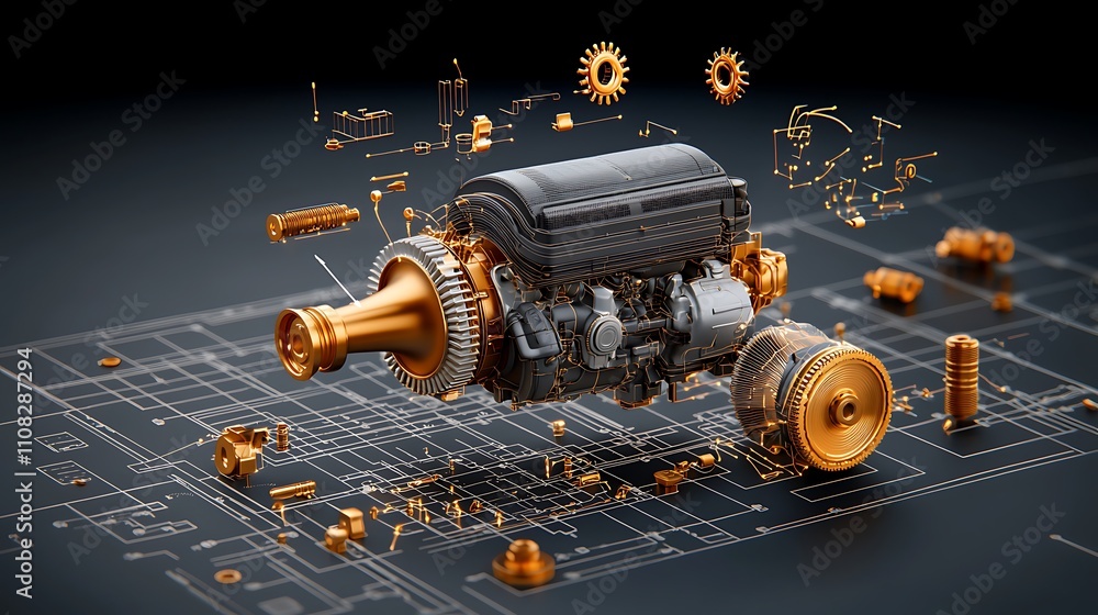 Exploded view of a car engine with labeled mechanical parts, rendered ...