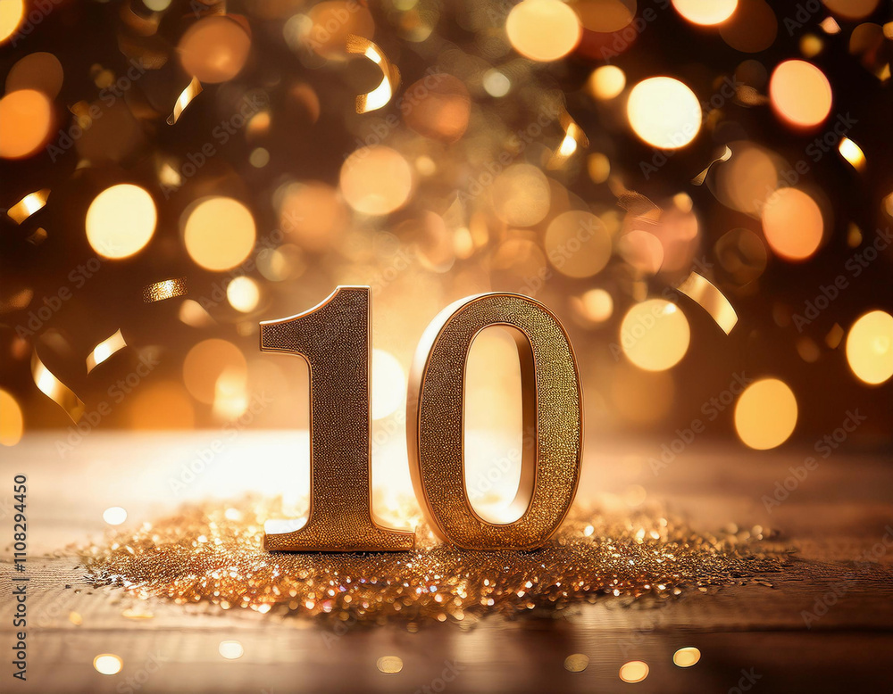 The golden number "10" stands prominently against a backdrop of golden ...