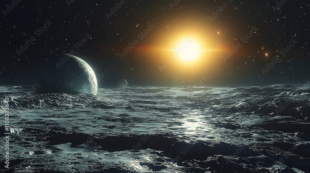 Cluster of moons orbiting around a distant planet in the outer solar system with stars twinkling ...