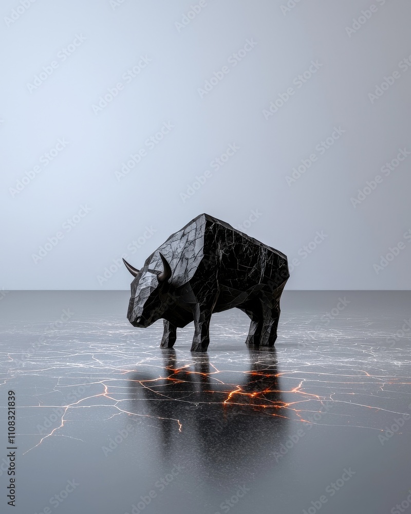 Conceptual bull carved from obsidian stands motionless in minimalist ...