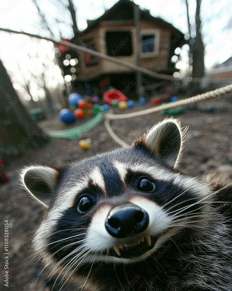 Playful raccoon hanging upside down in front of treehouse playground ...