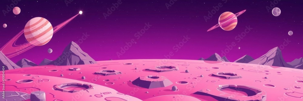 Cartoon planet surface with pink and purple craters, falling comet in cosmic space, alien ...