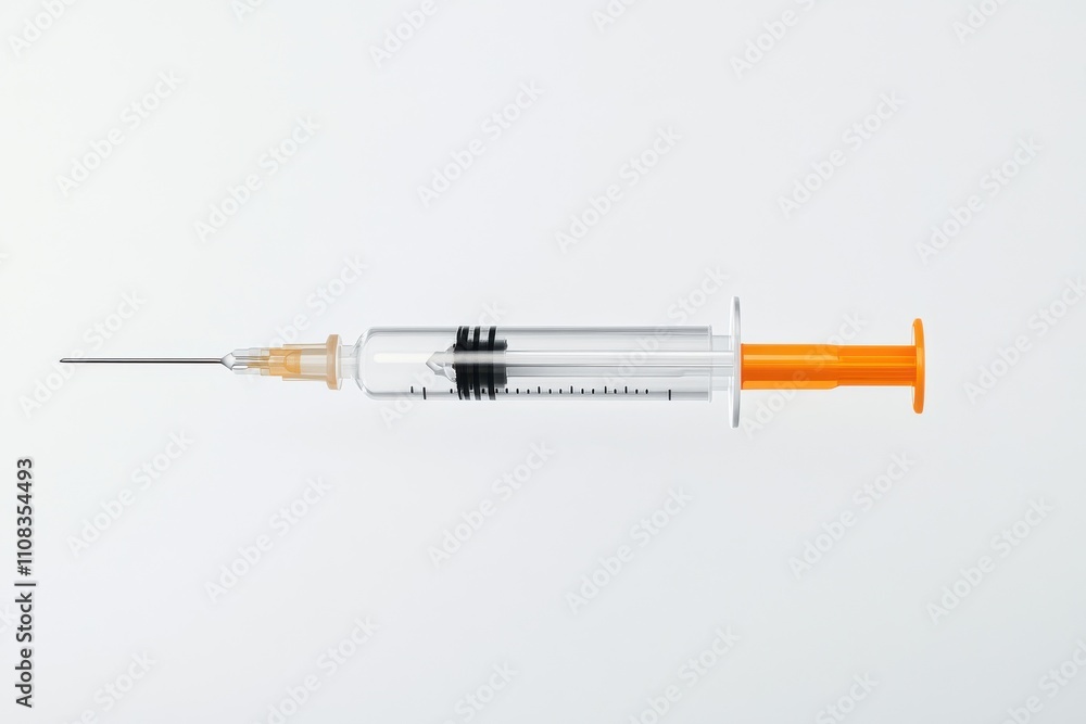 In-depth look at a syringe with a barrel and an orange needle holder ...