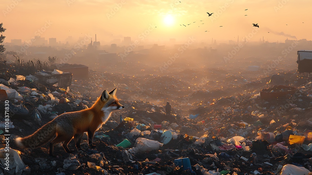 An endless landfill with scavenging foxes and birds, colorful heaps of ...