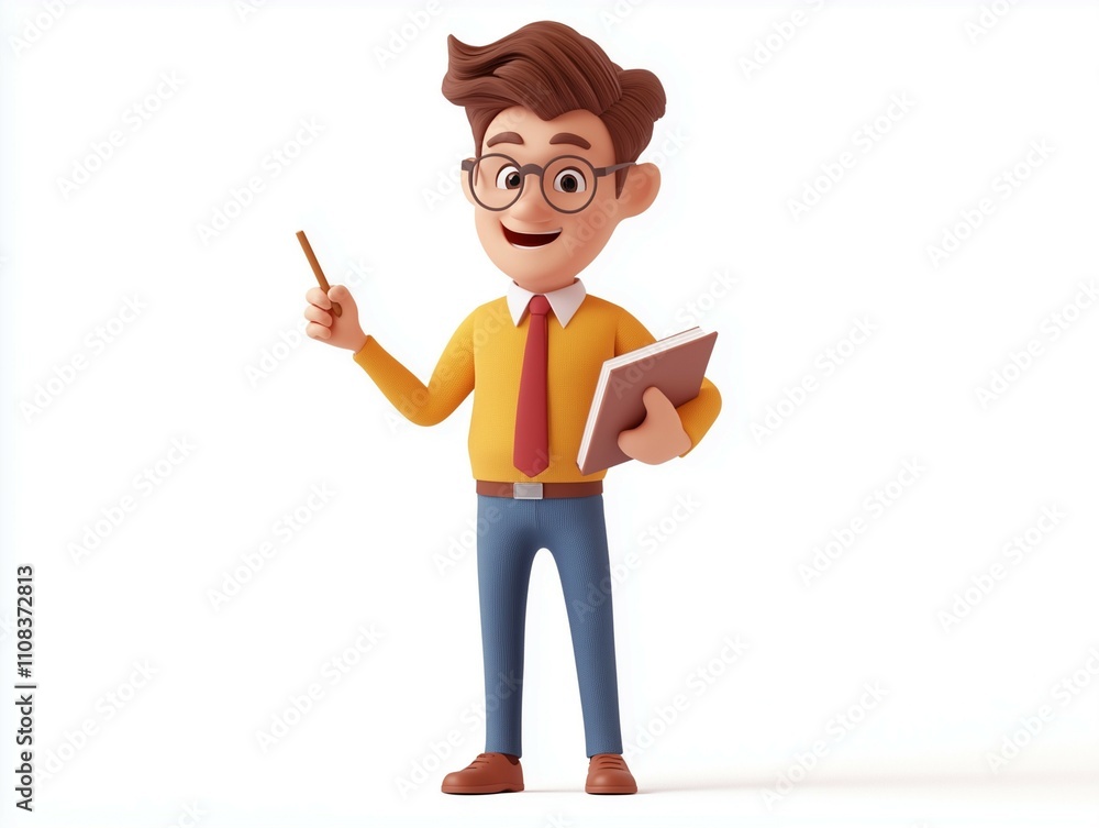 3D cartoon illustration of a male teacher, depicted with a friendly and ...