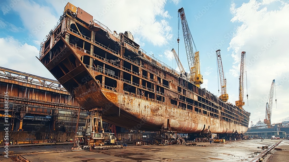 Massive Shipyard Scene Featuring Cranes Lifting Large Sections of a ...
