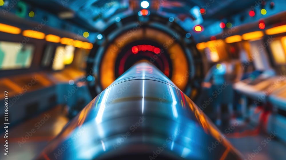 Close-up of a sleek metallic nuclear payload container in a high-tech ...