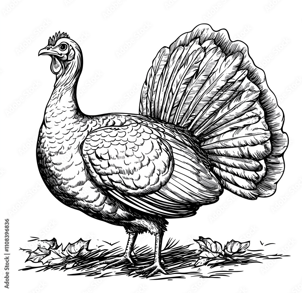 Black and white vector illustration of a turkey, full body, simple ...