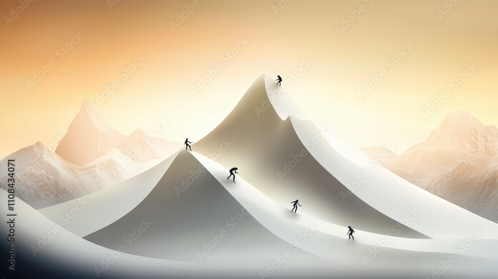 A collection of mountain silhouettes with tiny figures climbing and ...