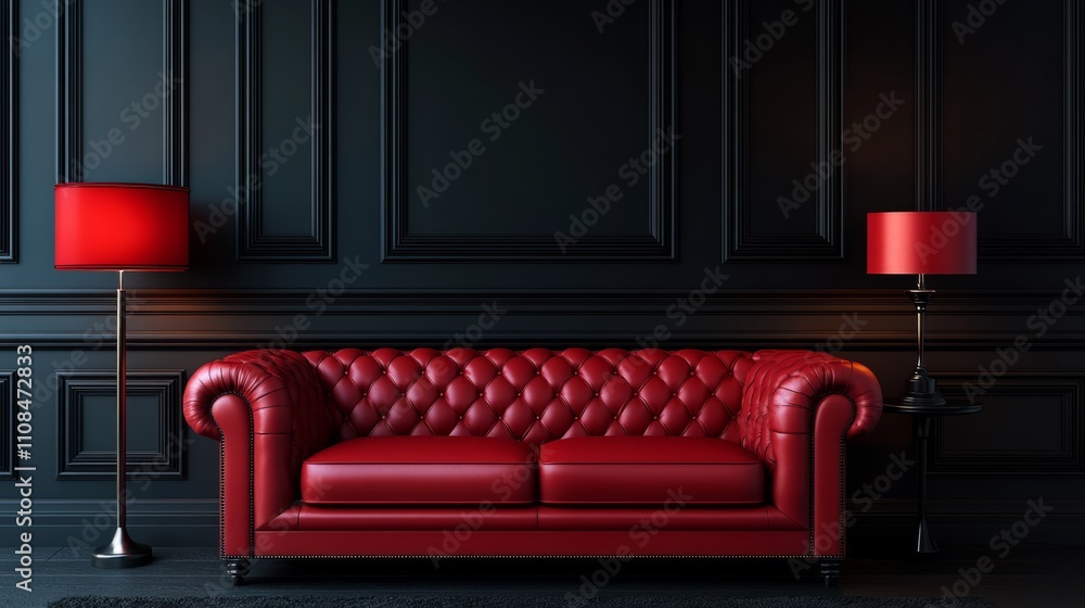 Red Interior of luxury nightclub, restaurant. Lounge bar. Red leather ...