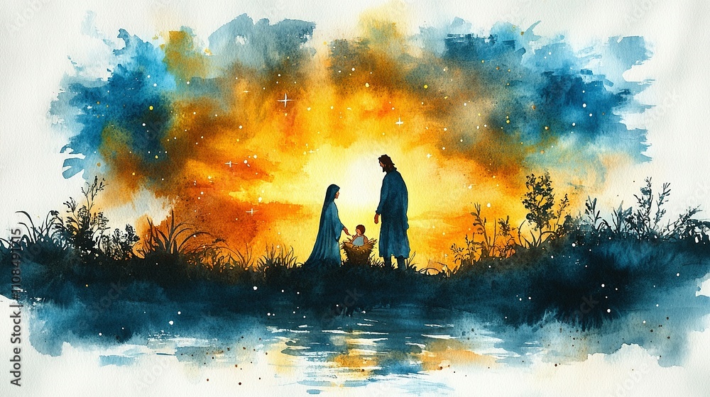 Nativity in Watercolor: A Heartwarming Scene of Jesus in the Manger ...