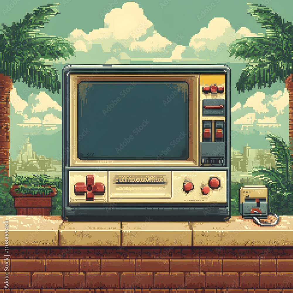 A nostalgic pixel art game interface featuring a retro 8-bit video game background, capturing ...