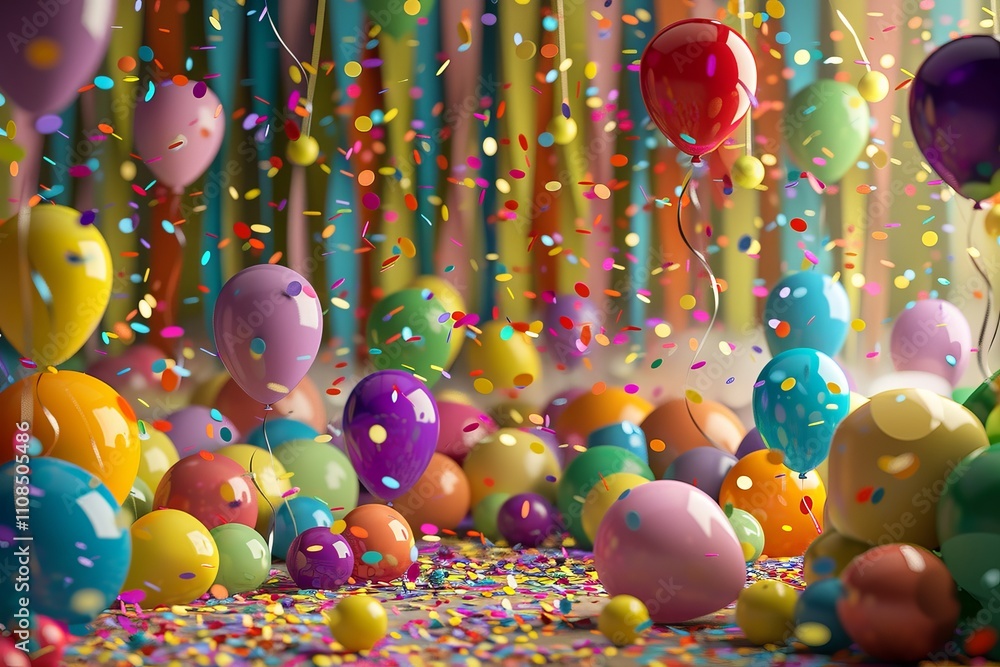 Detailed 3D view of a lively party setup featuring colorful balloons ...