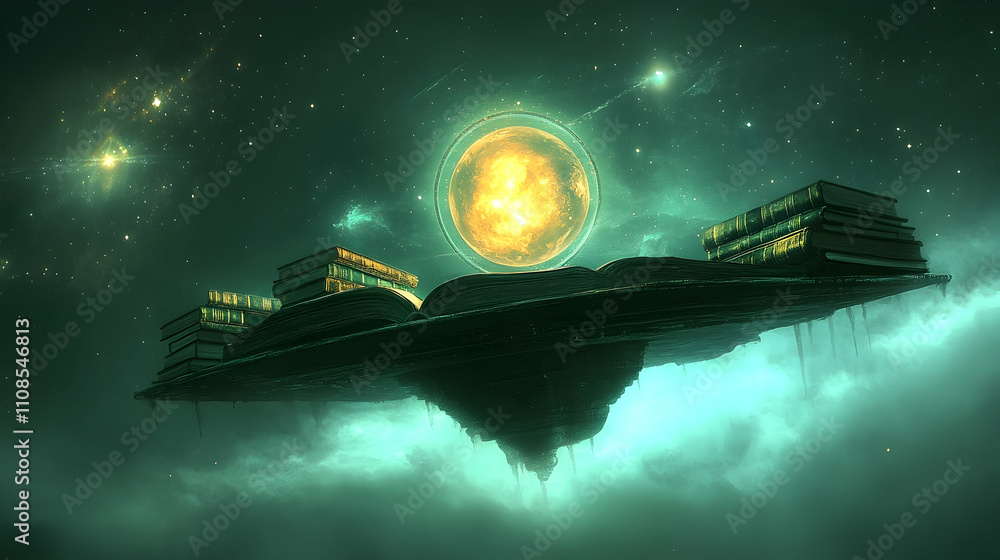 Floating island shaped like an open book with glowing libraries under a ...