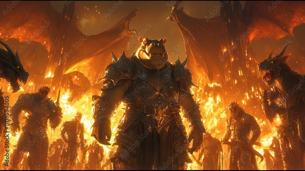 Stock-Illustration „Epic battle of fantasy creatures mythical realm ...