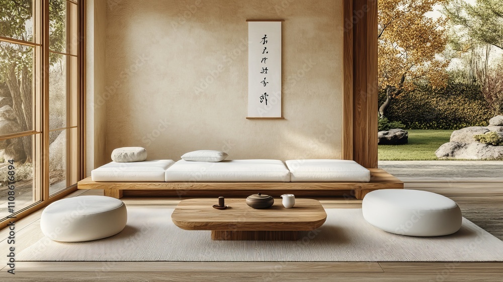 Zen-inspired minimalist living room with tatami mats, a low wooden ...
