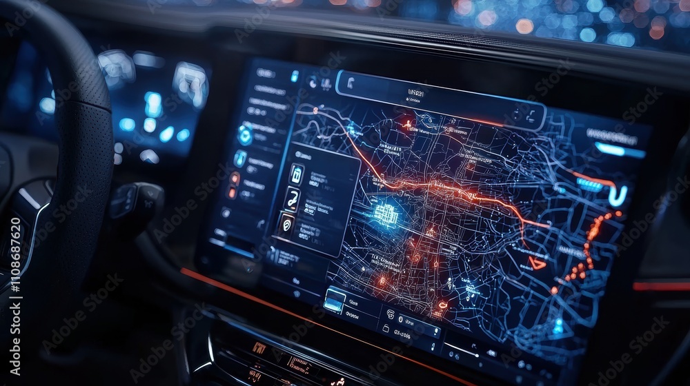 Close-up of a car dashboard showing an illuminated navigation system ...