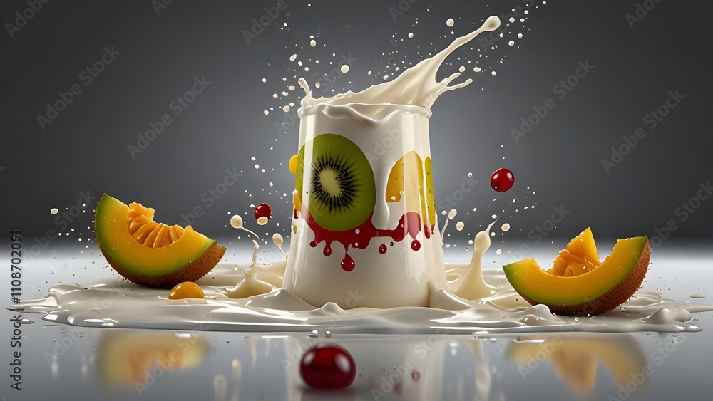 Realistic milk drink corona splash and fruits. Isolated vector ...