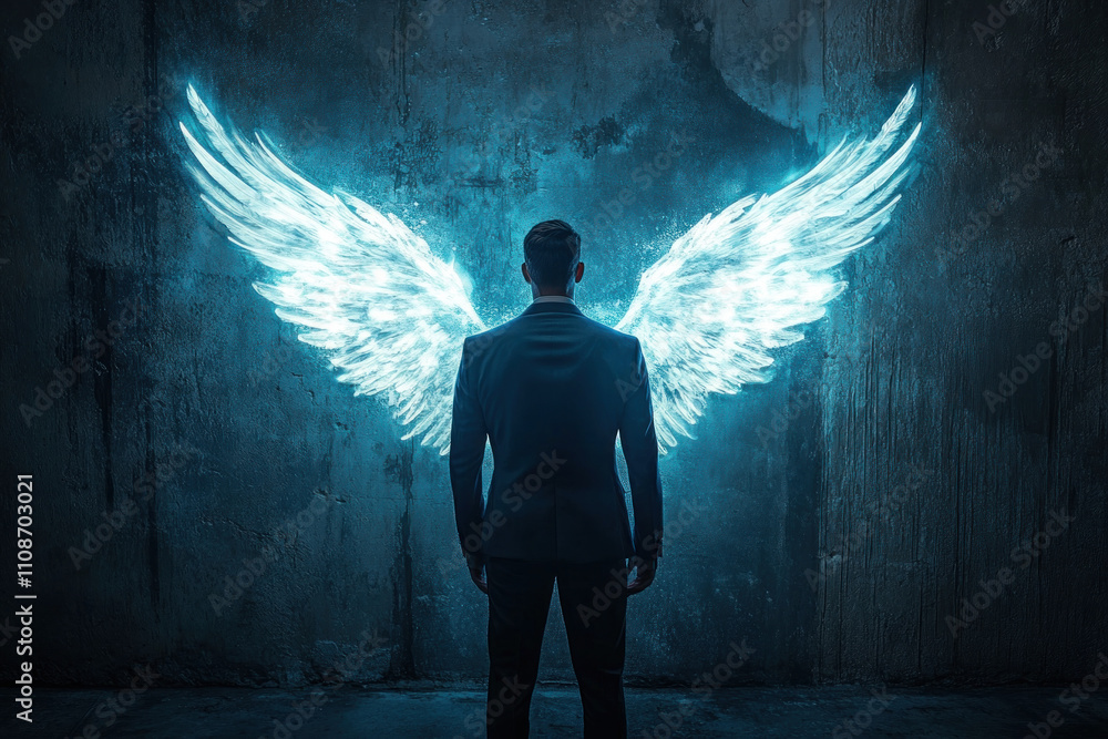 Man with wings standing in darkness, illuminated by faint light ...