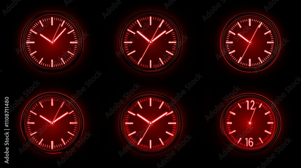 Clock game icons, time animation sprite sheet. Red clock with moving ...