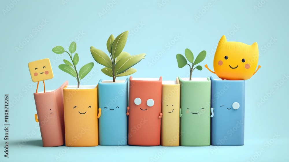 Emoji icons with books characters. Different emotions of paper books ...