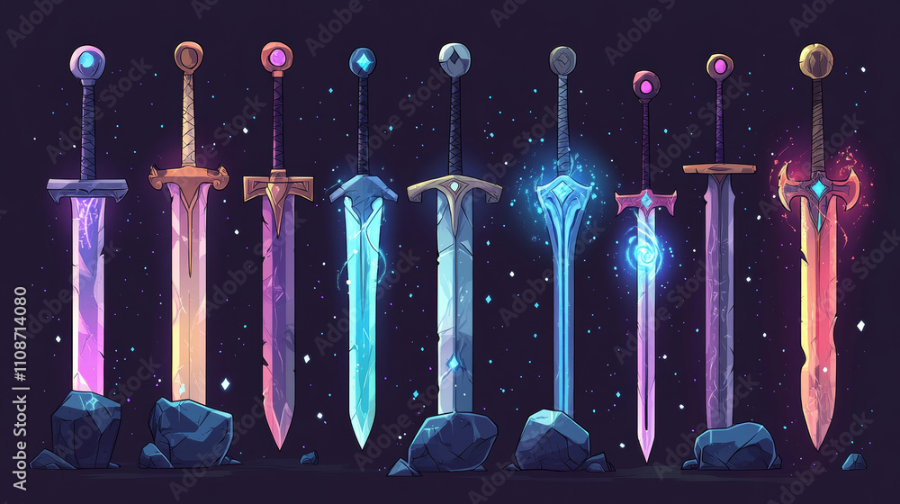 Magic swords stuck in stone. Symbol of medieval legend of Excalibur ...