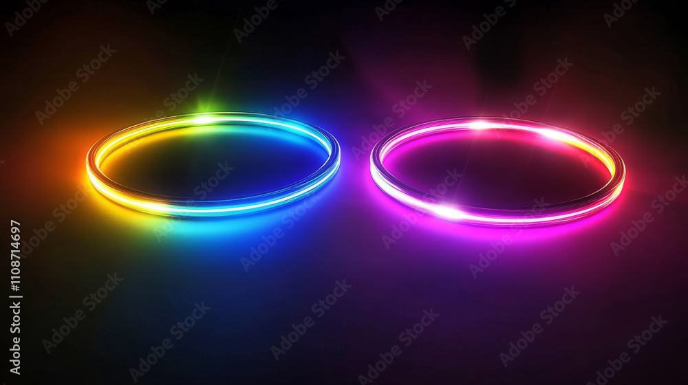 Circle halo light effects, neon rings of lens flare. Abstract radial ...