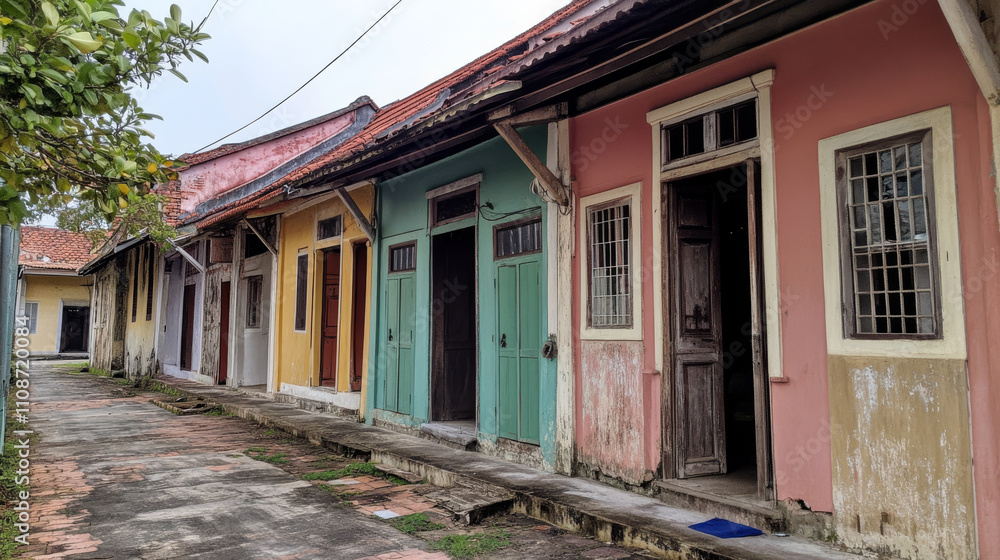 Urban retro colonial style building cartoon vector set illustration ...