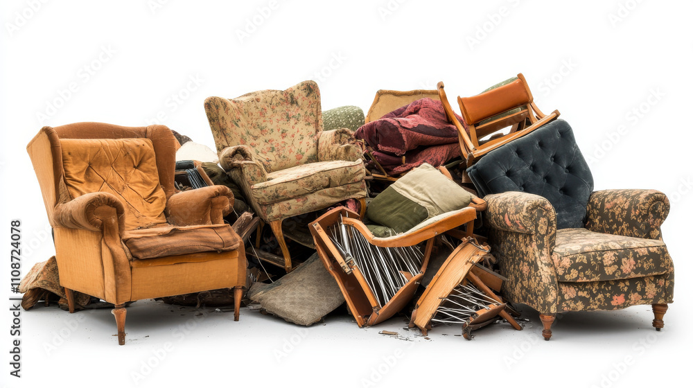 Broken chairs and armchairs old furniture isolated set, defected home ...