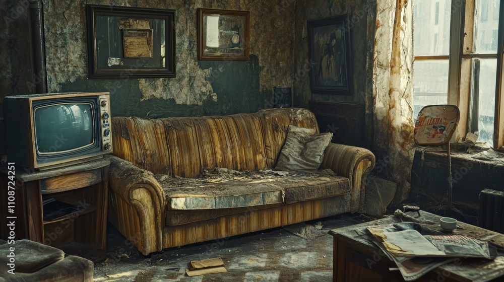 Abandoned messy living room interior with dirty sofa cartoon vector ...