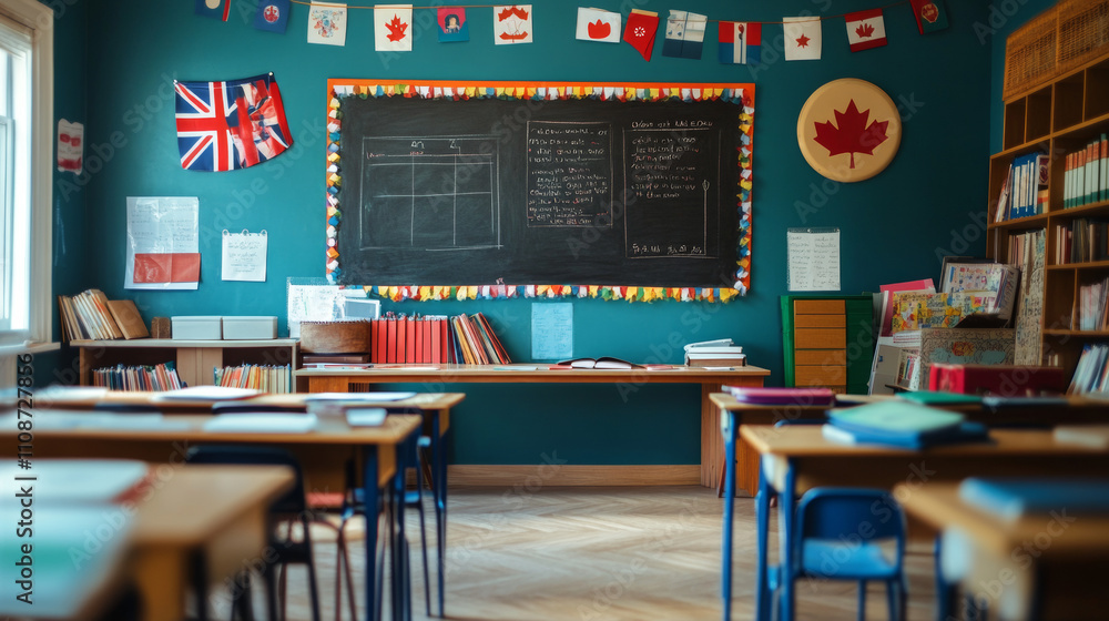 English language classroom interior, empty school or college class ...