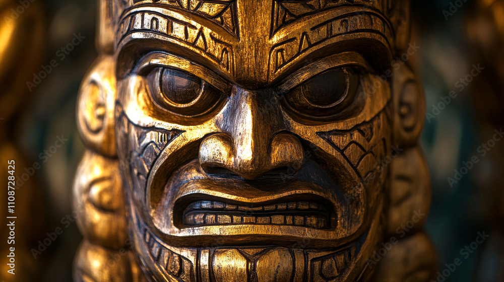 Gold tiki totem mask statue cartoon vector. Yellow hawaiian tribe ...